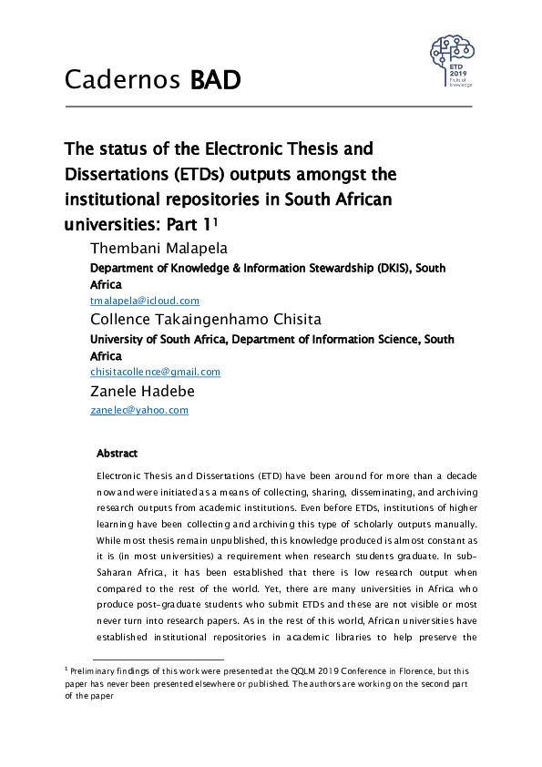 (PDF) The status of the Electronic Thesis and Dissertations (ETDs ...