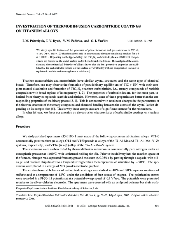 (PDF) Investigation of Thermodiffusion Carbonitride Coatings on Titanium Alloys