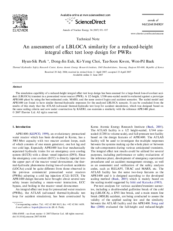 (PDF) An assessment of a LBLOCA similarity for a reduced-height ...