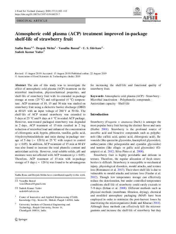 (PDF) Atmospheric cold plasma (ACP) treatment improved in-package shelf ...