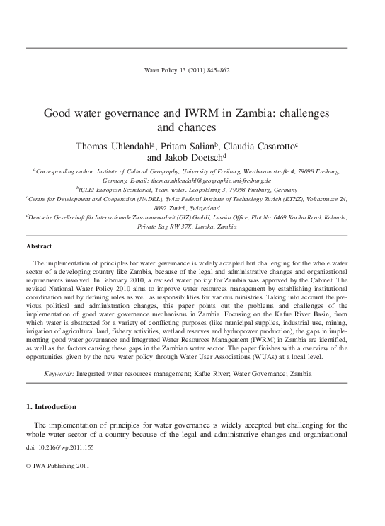 (PDF) Good water governance and IWRM in Zambia: challenges and chances