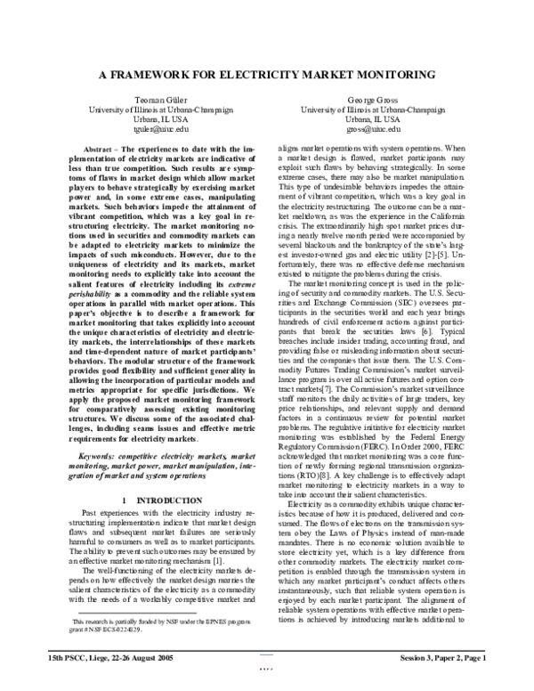(PDF) A Framework for electricity market monitoring