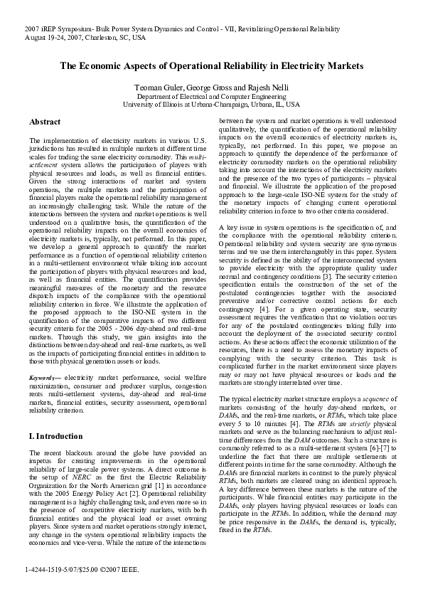 (PDF) The economic aspects of operational reliability in electricity ...