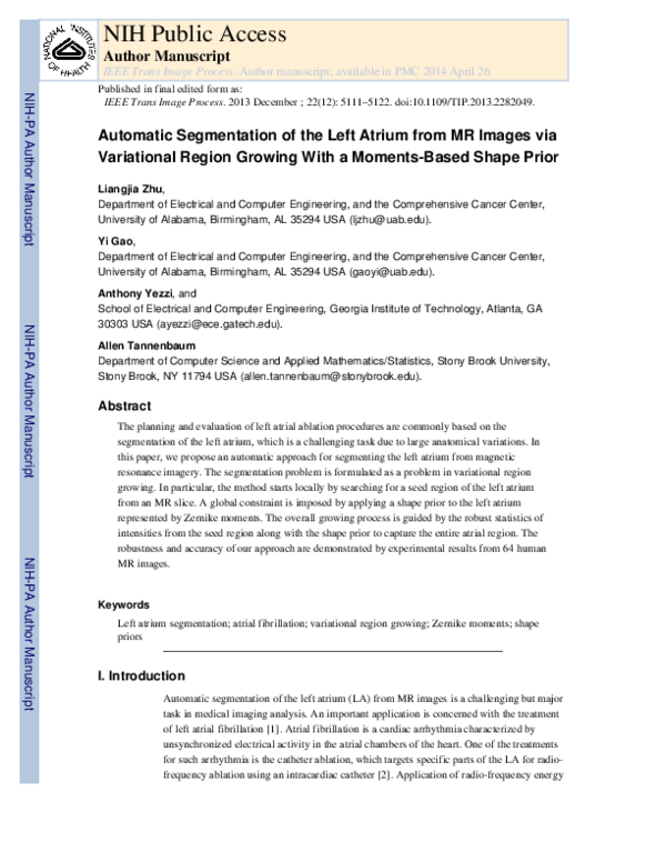 (PDF) Automatic Segmentation of the Left Atrium From MR Images via Variational Region Growing ...