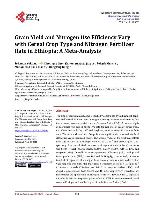 (PDF) Grain Yield and Nitrogen Use Efficiency Vary with Cereal Crop Type and Nitrogen Fertilizer ...