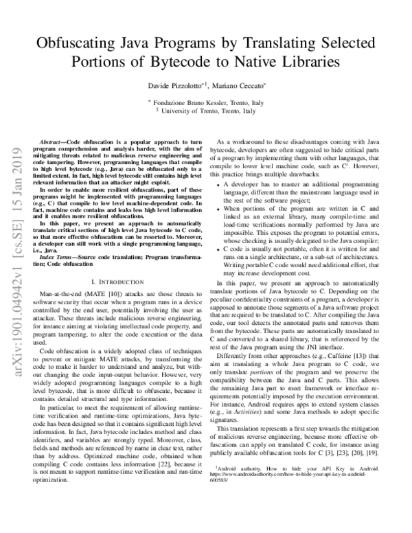 (PDF) [Research Paper] Obfuscating Java Programs by Translating Selected Portions of Bytecode to ...
