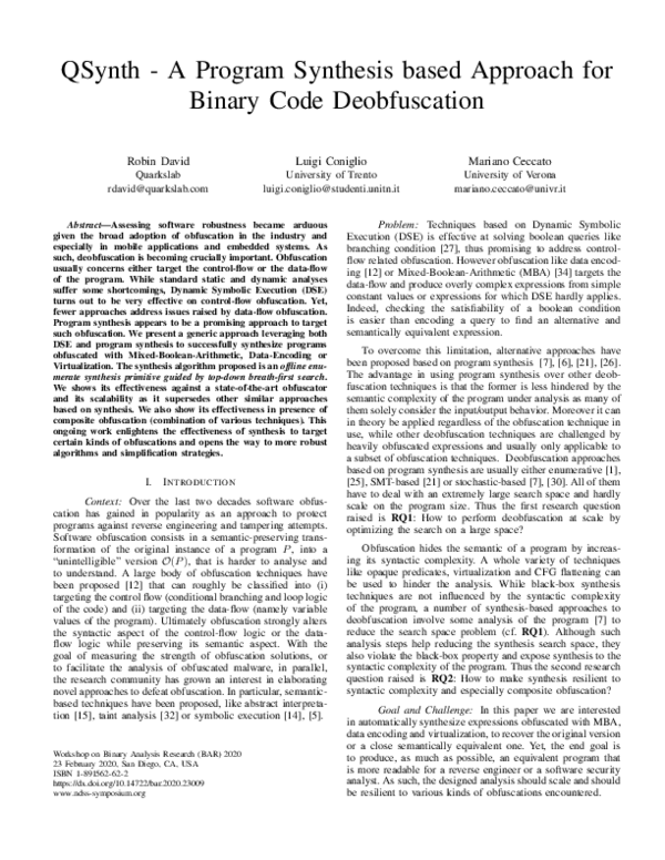 (PDF) QSynth - A Program Synthesis based approach for Binary Code Deobfuscation