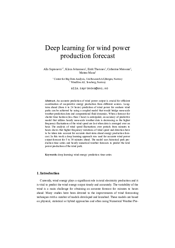 (PDF) Deep learning for wind power production forecast