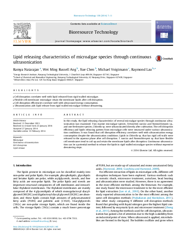 (PDF) Lipid releasing characteristics of microalgae species through continuous ultrasonication ...