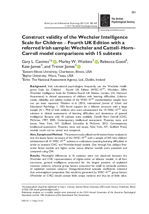 (PDF) Construct validity of the Wechsler Intelligence Scale for ...