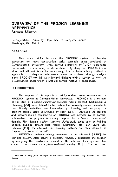 (PDF) Overview of the Prodigy Learning Apprentice | Steven Minton ...