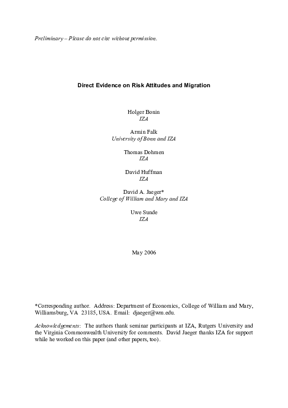 (PDF) Preliminary – Please do not cite without permission. Direct Evidence on Risk Attitudes and ...