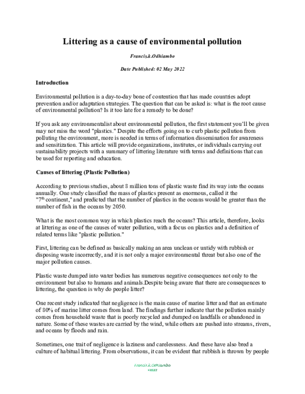 (PDF) Littering as a cause of environmental pollution