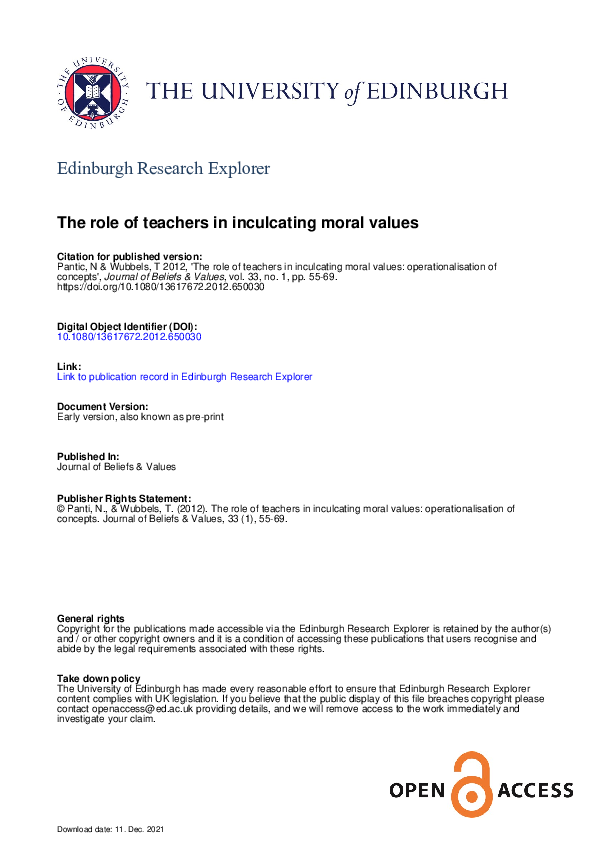 (PDF) The role of teachers in inculcating moral values ...
