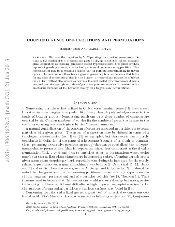 (PDF) Counting genus one partitions and permutations