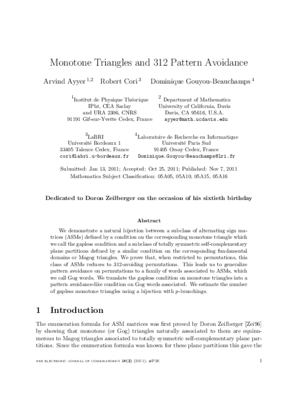 (PDF) Monotone Triangles and 312 Pattern Avoidance