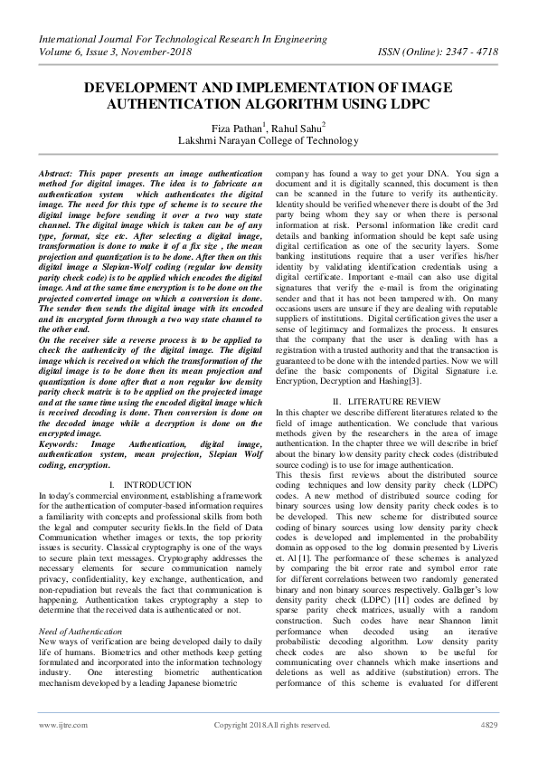 (PDF) Development and Implementation of Image Authentication Algorithm Using LDPC