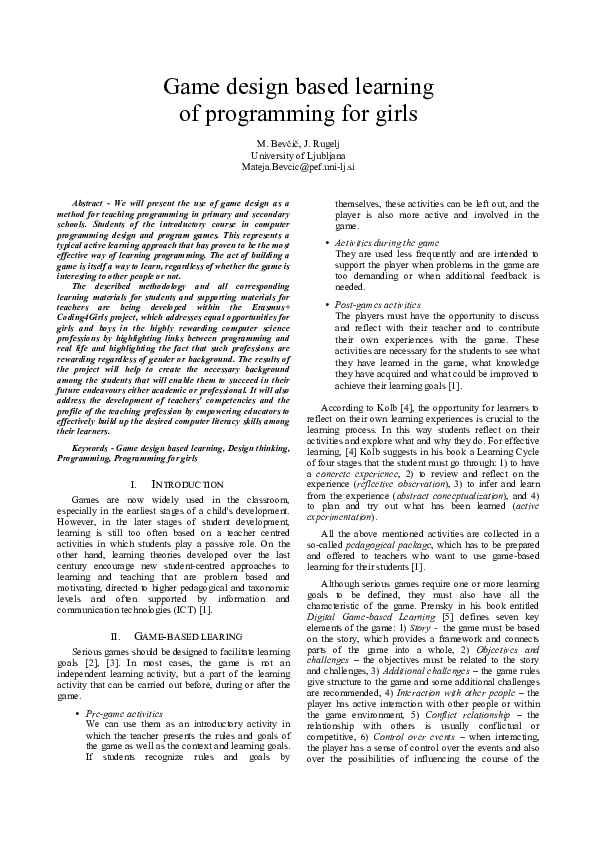 Pdf Game Design Based Learning Of Programming For Girls