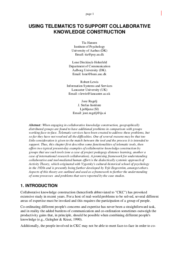 (PDF) Page 1 USING TELEMATICS TO SUPPORT COLLABORATIVE KNOWLEDGE CONSTRUCTION