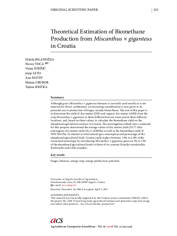 Pdf Theoretical Estimation Of Biomethane Production From Miscanthus ×
