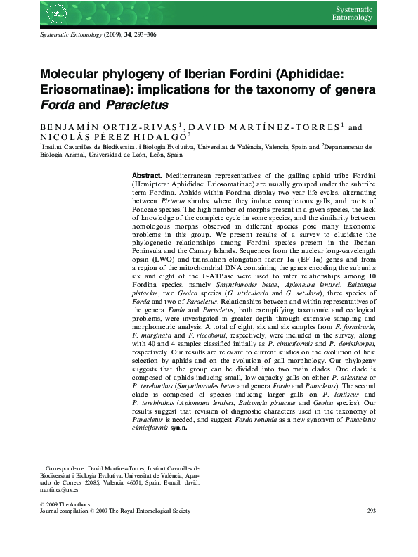 (PDF) Molecular phylogeny of Iberian Fordini (Aphididae: Eriosomatinae ...