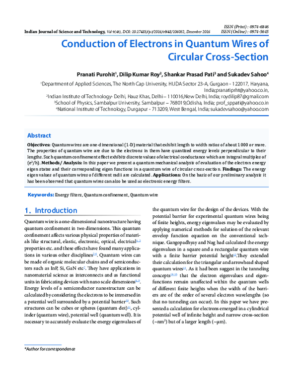 (PDF) Conduction of Electrons in Quantum Wires of Circular Cross-Section
