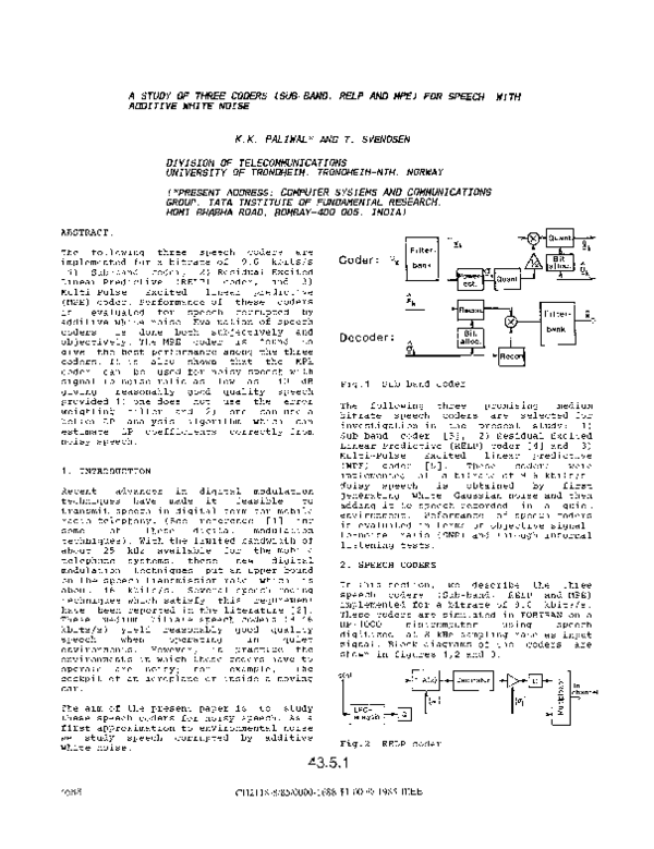 (PDF) A study of three coders (sub-band, RELP and MPE) for speech with ...