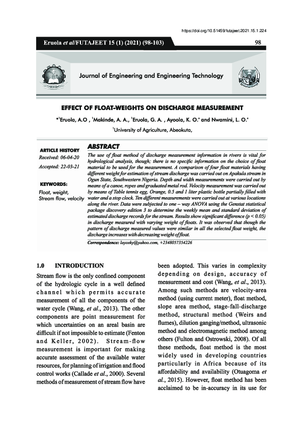 (PDF) Effect of Float-Weights on Discharge Measurement