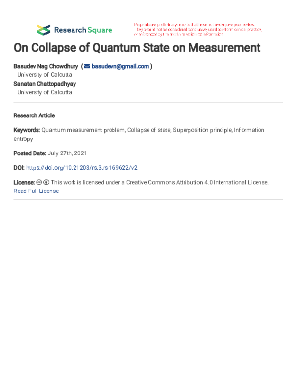 (PDF) On Collapse of Quantum State on Measurement