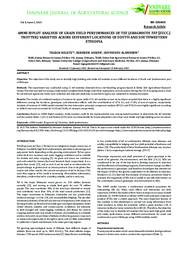 (PDF) Ammi Biplot Analysis of Grain Yield Performances of Tef (Eragrostis Tef [ZUCC.] Trotter ...