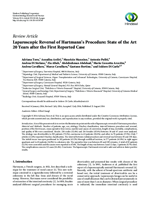 (PDF) Laparoscopic reversal of Hartmann's procedure: State of the art 20 years after the first ...