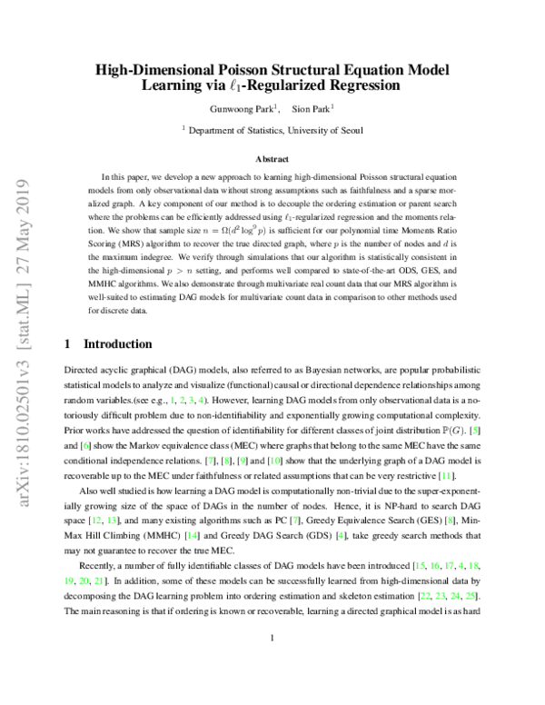 (PDF) High-Dimensional Poisson DAG Model Learning Using ℓ_1-Regularized Regression