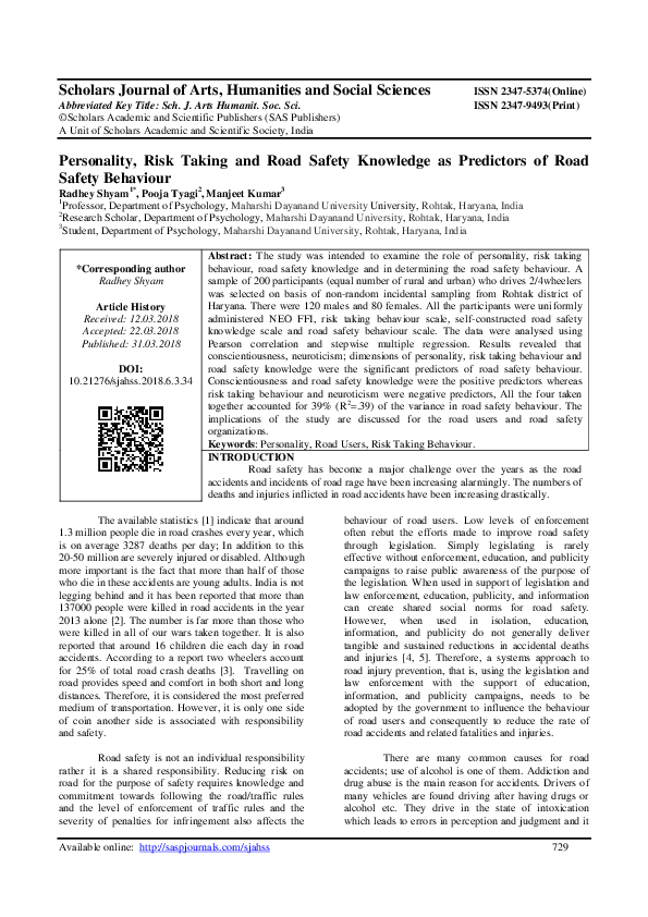 (PDF) Personality, Risk Taking and Road Safety Knowledge as Predictors of Road Safety Behaviour