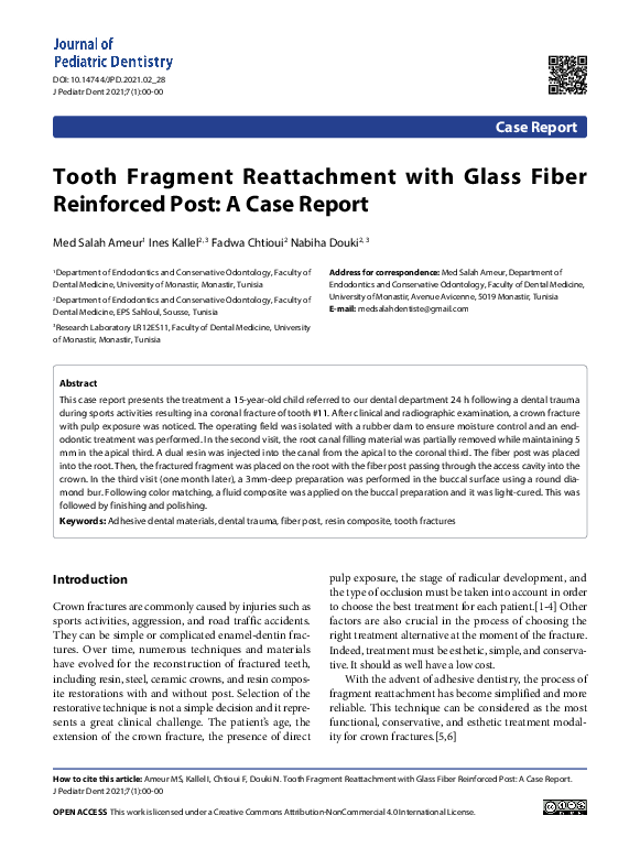 (PDF) Tooth Fragment Reattachment with Glass Fiber Reinforced Post: A ...