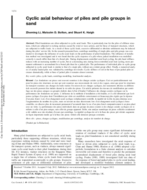 (PDF) Cyclic axial behaviour of piles and pile groups in sand