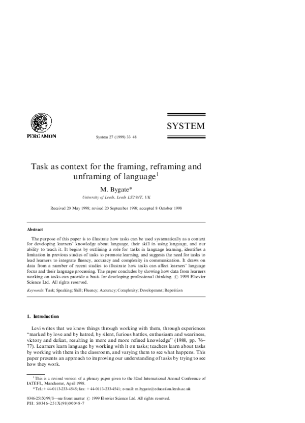 (PDF) Task as context for the framing, reframing and unframing of language