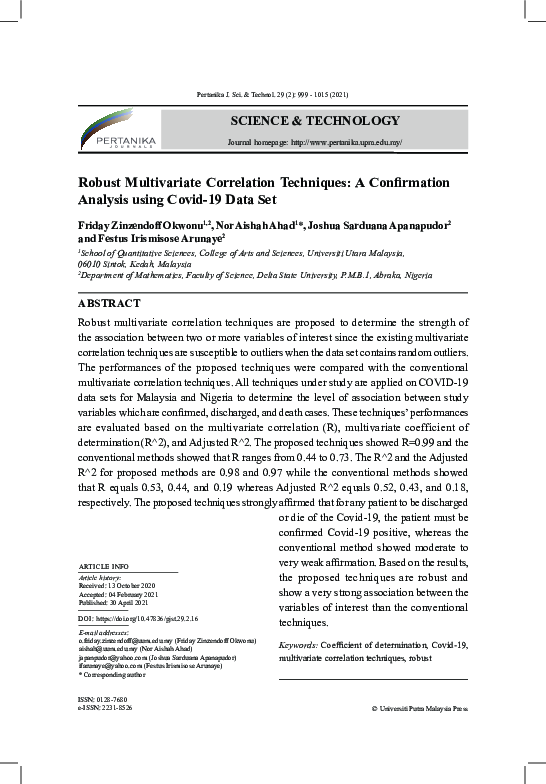(PDF) Robust Multivariate Correlation Techniques: A Confirmation Analysis using Covid-19 Data Set