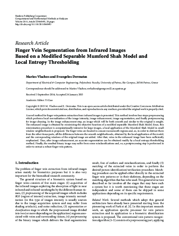 Pdf Finger Vein Segmentation From Infrared Images Based On A Modified Separable Mumford Shah