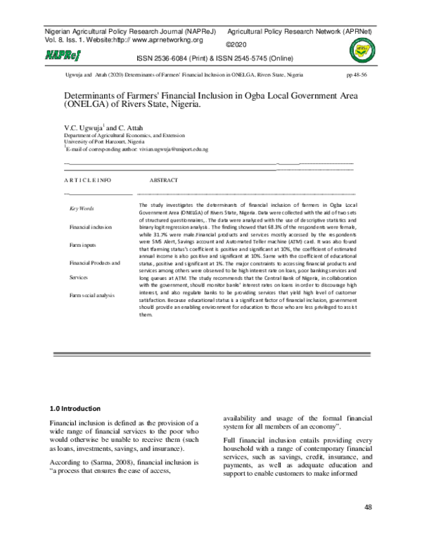 (PDF) Determinants of Farmers' Financial Inclusion in Ogba Local ...