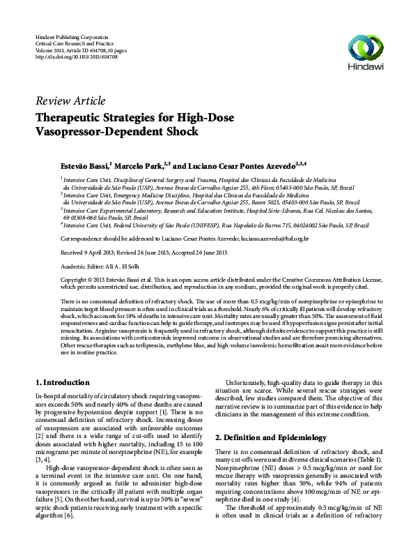 (PDF) Therapeutic Strategies for High-Dose Vasopressor-Dependent Shock