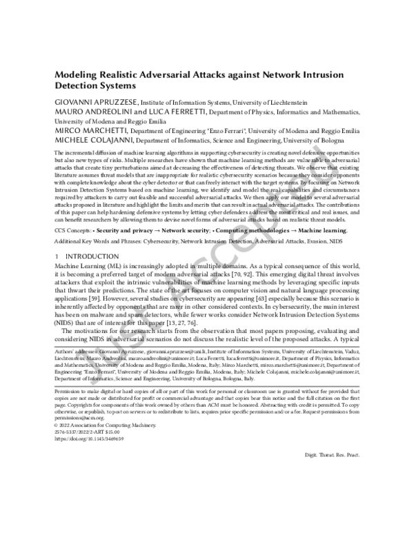 Pdf Modeling Realistic Adversarial Attacks Against Network Intrusion Detection Systems