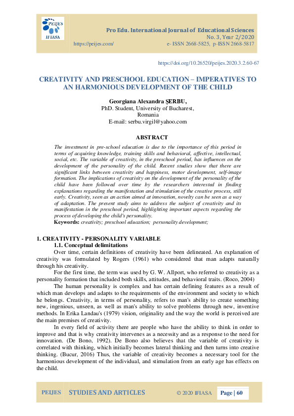 (PDF) Creativity and Preschool Education – Imperatives to an Harmonious Development of the Child