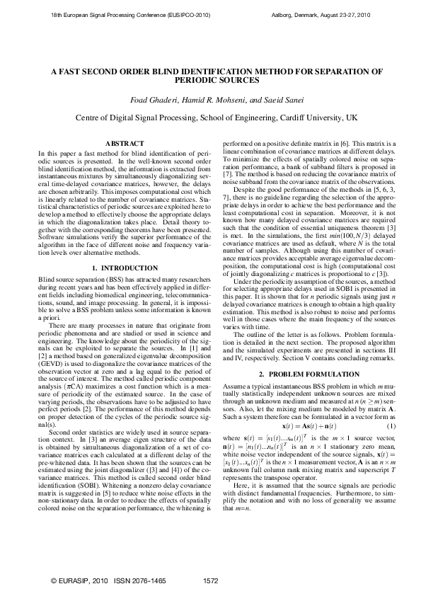 (PDF) A Fast Second Order Blind Identification Method for Separation of Periodic Sources