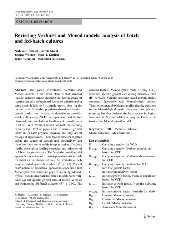 (PDF) Revisiting Verhulst and Monod models: analysis of batch and fed ...