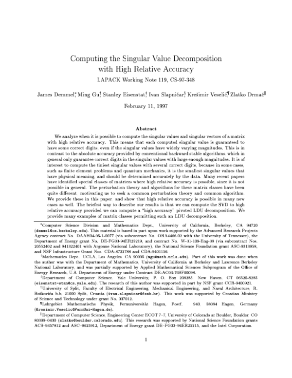 (PDF) Computing the singular value decomposition with high relative accuracy | Kresimir Veselic ...