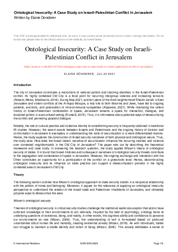(PDF) Ontological Insecurity: A Case Study on Israeli-Palestinian ...