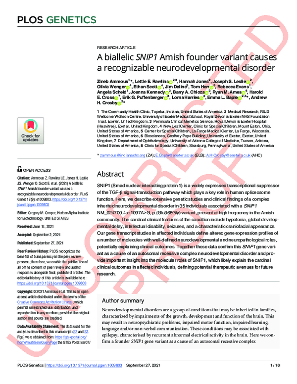 (PDF) A biallelic SNIP1 Amish founder variant causes a recognizable ...