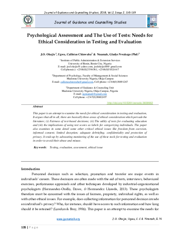 (PDF) Psychological Assessment and The Use of Tests: Needs for Ethical ...