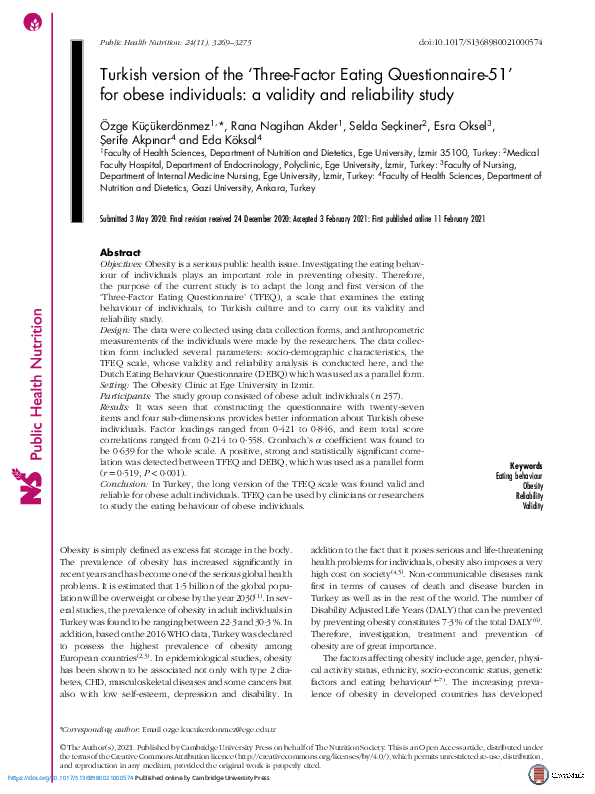 (PDF) Turkish version of the ‘Three-Factor Eating Questionnaire-51’ for ...