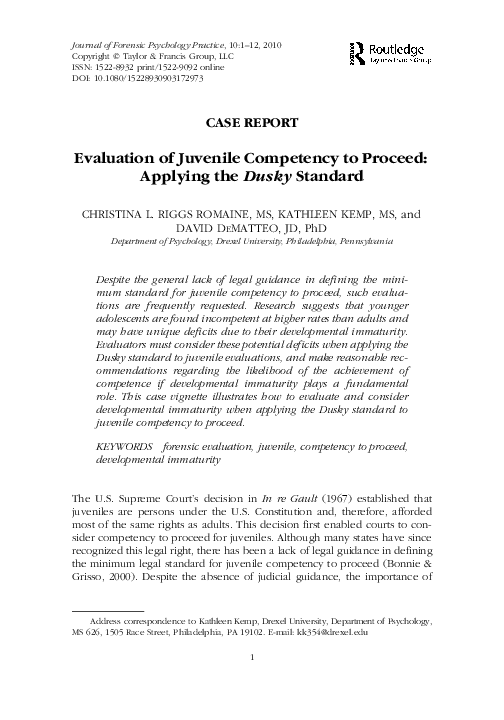 (PDF) Evaluation of Juvenile Competency to Proceed: Applying the Dusky ...